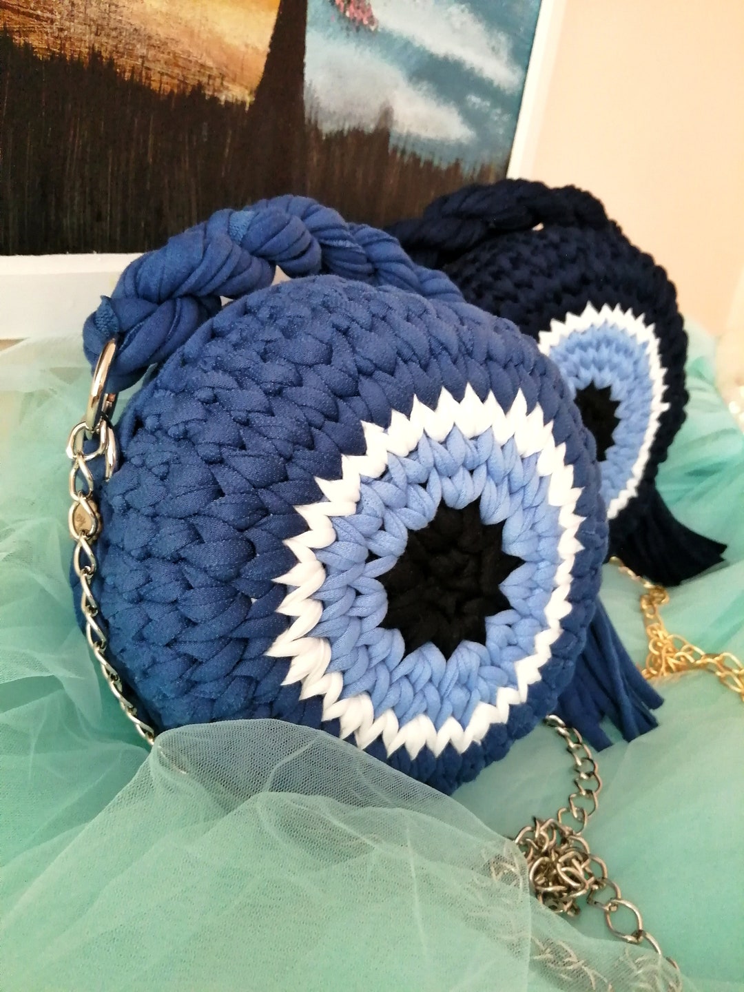 Blue Evil Eye Macaron Bag, Hand-knitted Boho Nazar Charm , Handmade ...