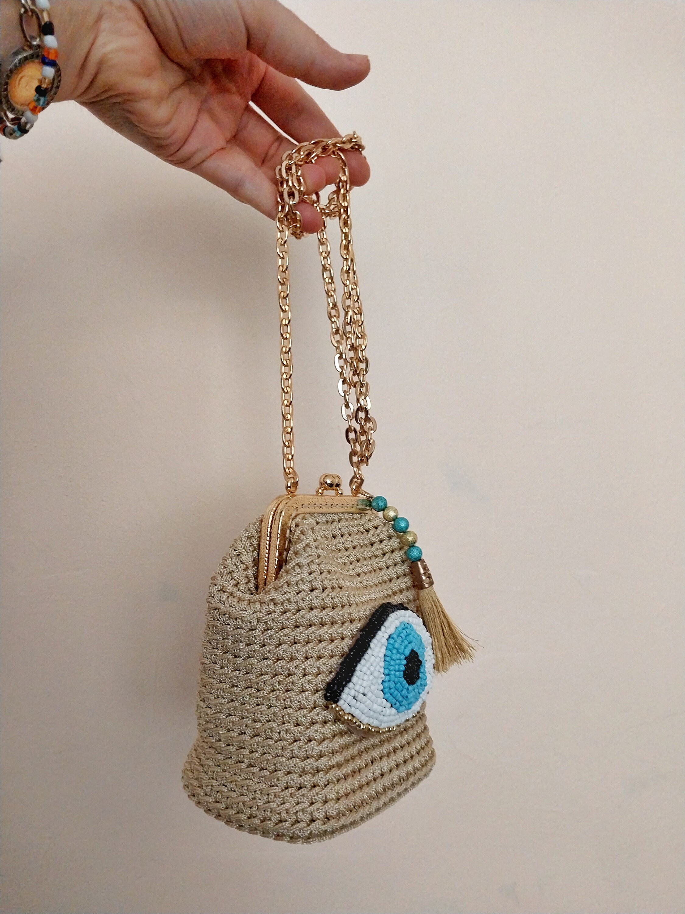 Knitted Evil Eye Bag , Handmade Nazar Shoulder Bags , Crochet Summer ...