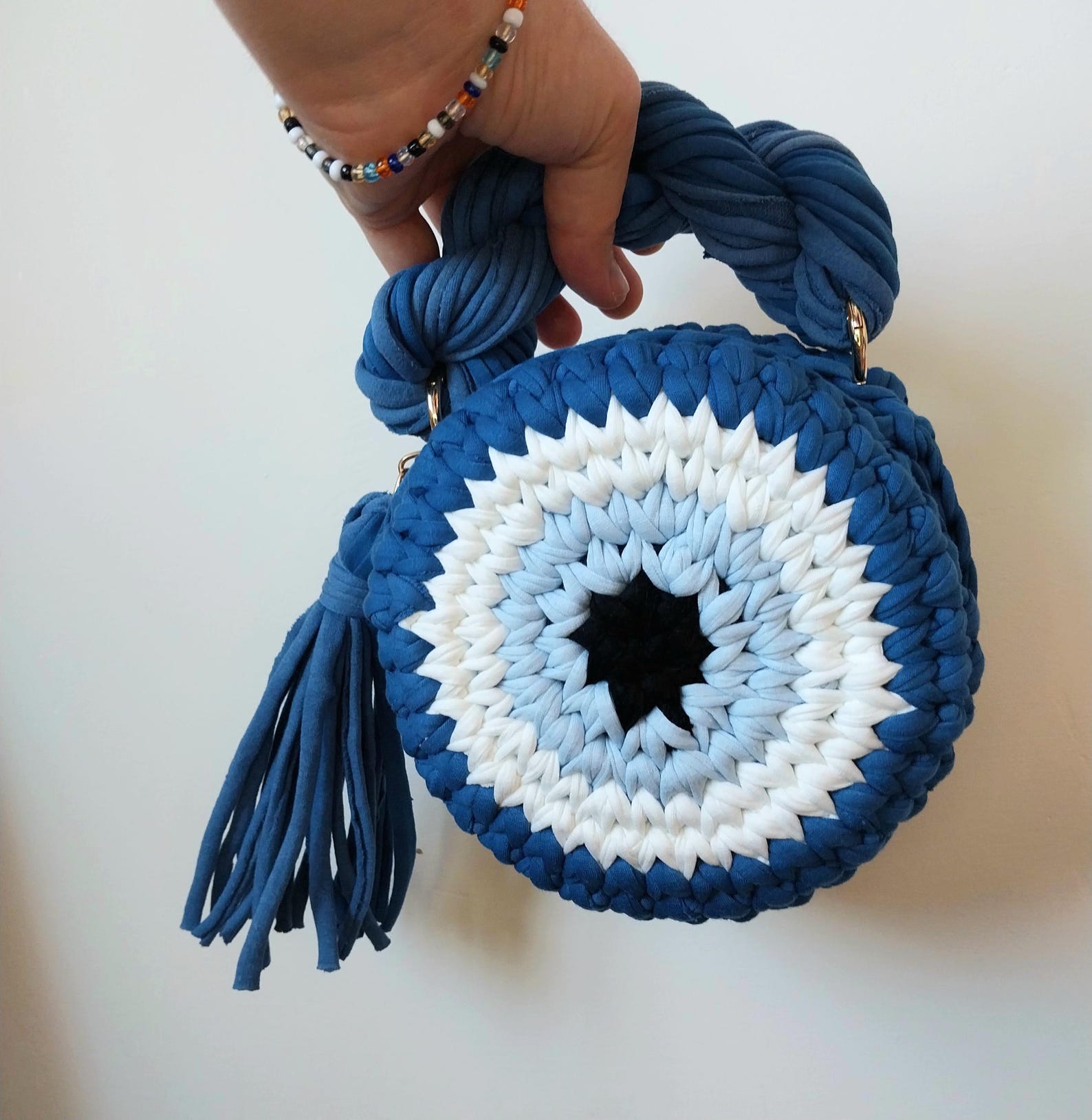 Crochet Evil Eye Macaron Bag, Handmade Comped Yarn Round Eye Bags ...