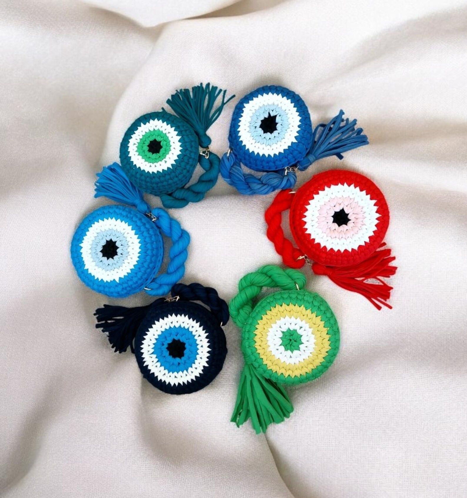 Crochet Evil Eye Macaron Bag, Handmade Comped Yarn Round Eye Bags ...