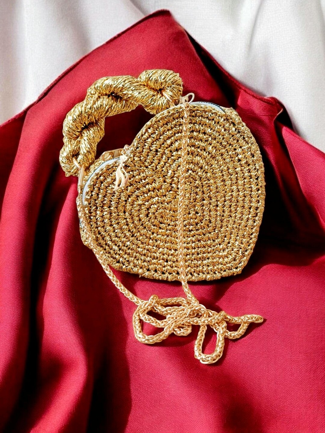 Handmade Shiny Gold Heart Bag , Crochet Heart-shaped Shoulder Bag ...