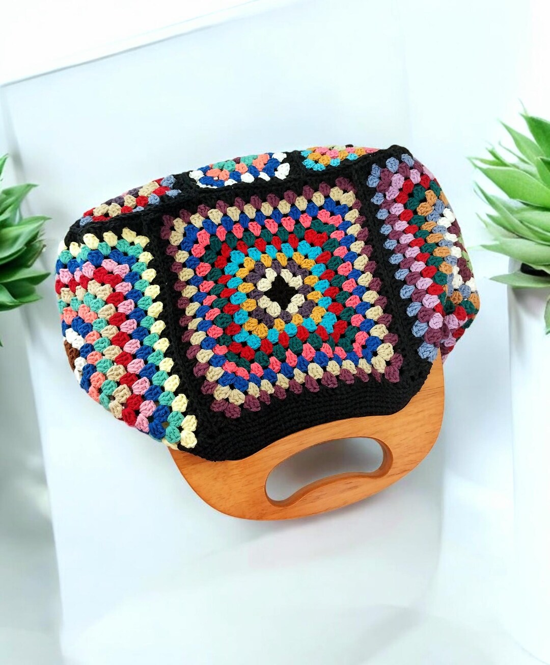 Wooden Kiss-lock Crochet Granny Square Clasp Purse, Black Adjustable ...