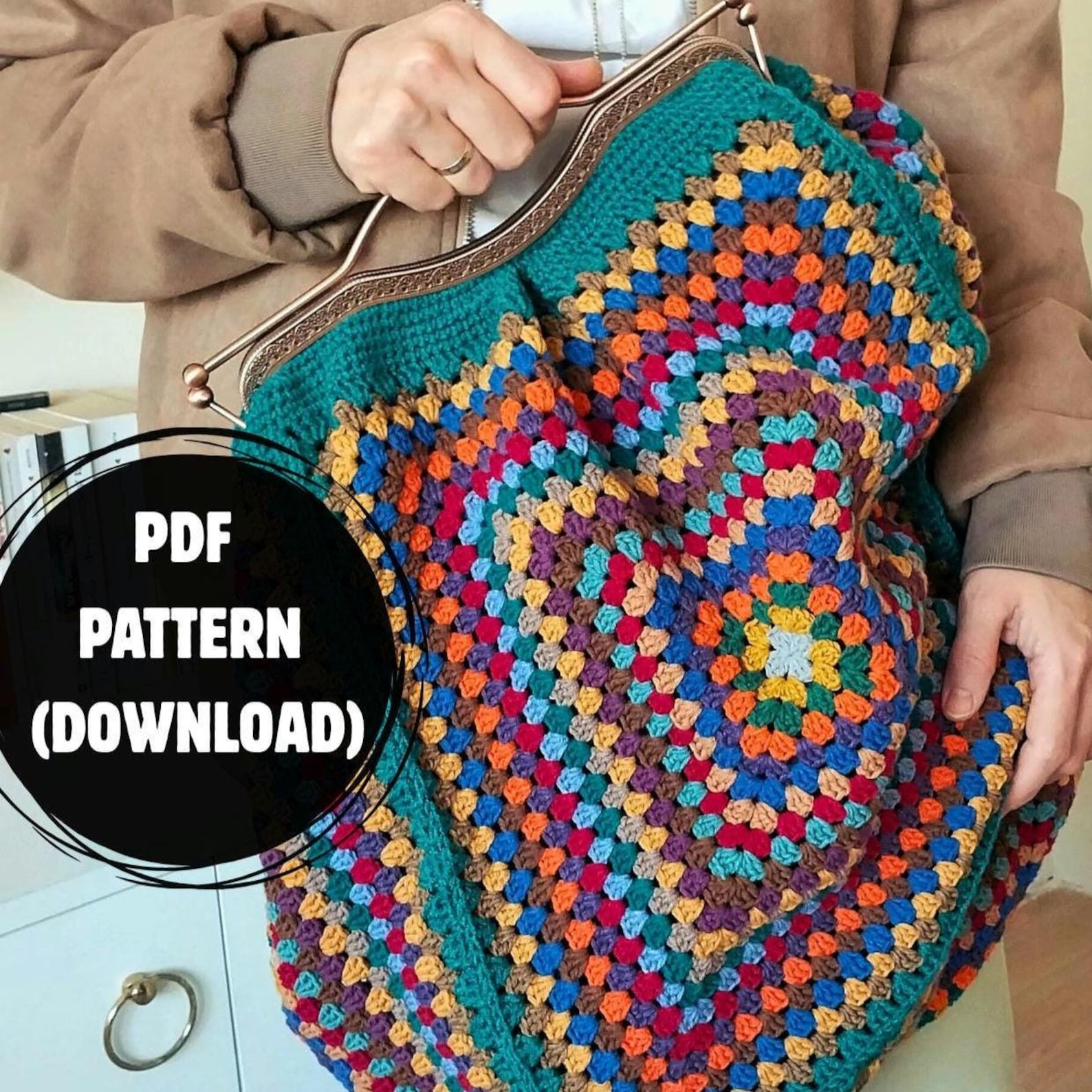 Vibrant XXL Granny Square Frame Bag Crochet Pattern | DIY Weekender Bag ...