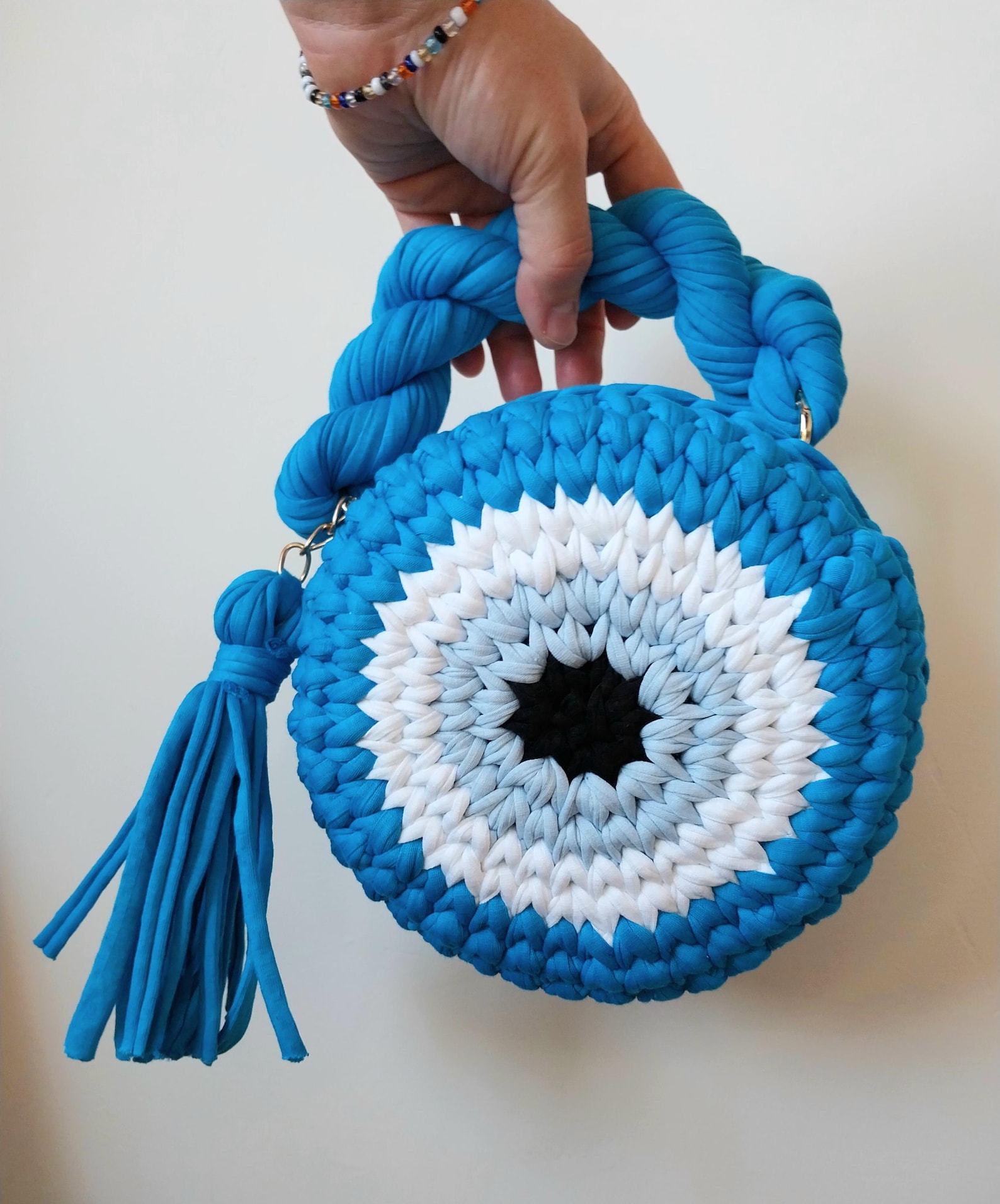 Crochet Evil Eye Macaron Bag, Handmade Comped Yarn Round Eye Bags ...