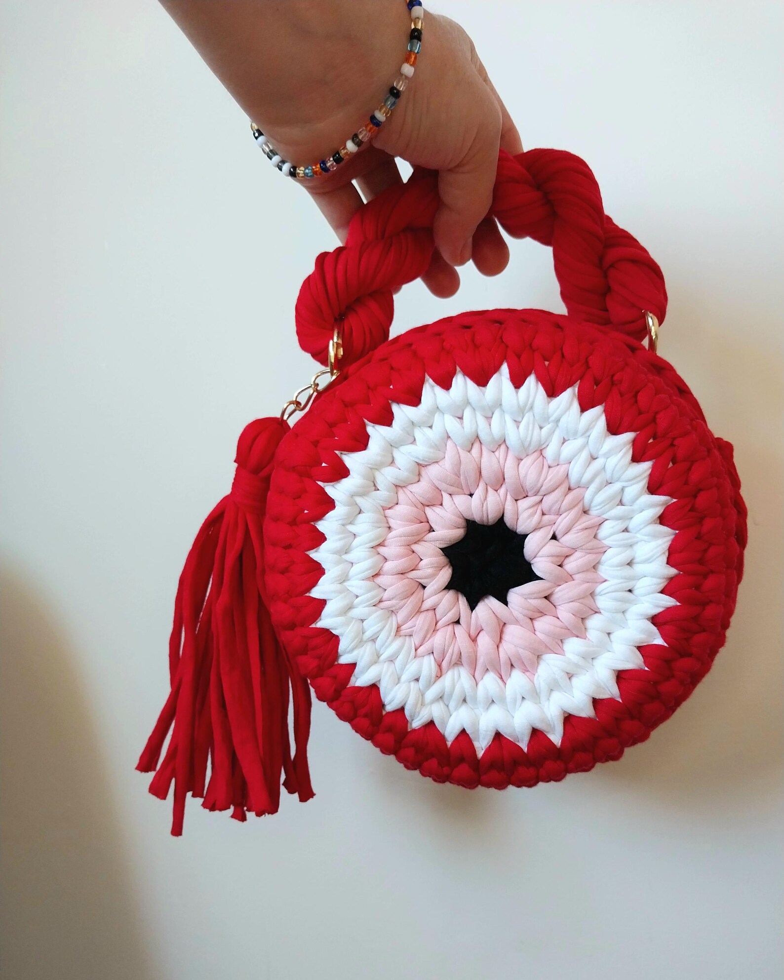 Crochet Evil Eye Macaron Bag, Handmade Comped Yarn Round Eye Bags ...