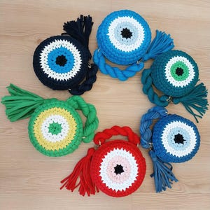 Crochet Evil Eye Macaron Bag, Handmade Comped Yarn Round Eye Bags ...