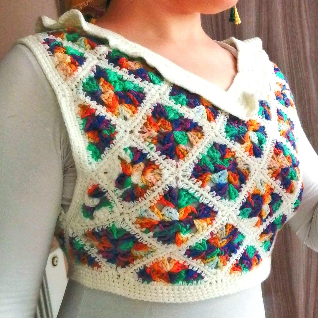 Crochet Granny Square Top, Y2K Style Crop Top, Colorful Knitted Blouse ...