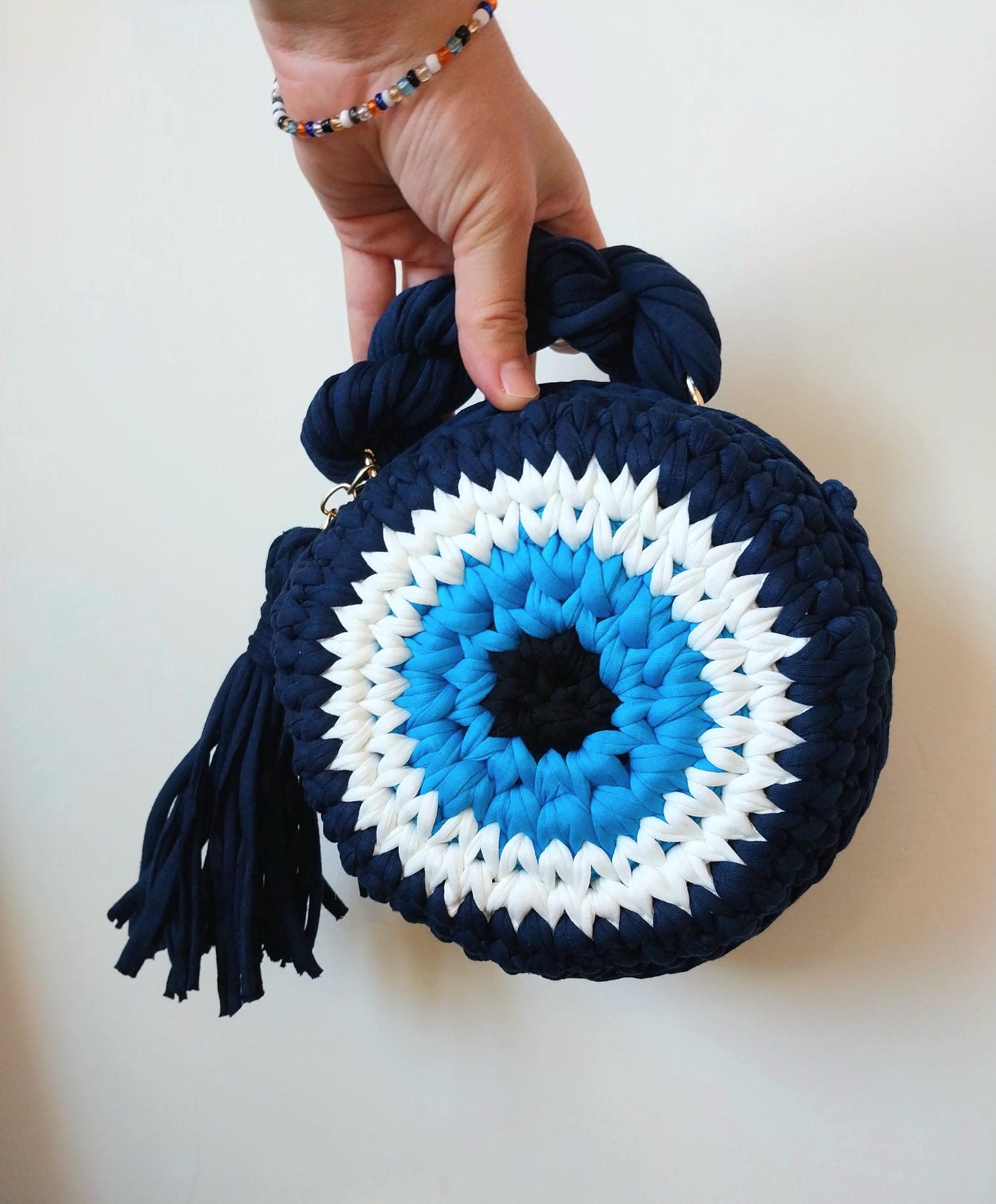 Crochet Evil Eye Macaron Bag, Handmade Comped Yarn Round Eye Bags ...