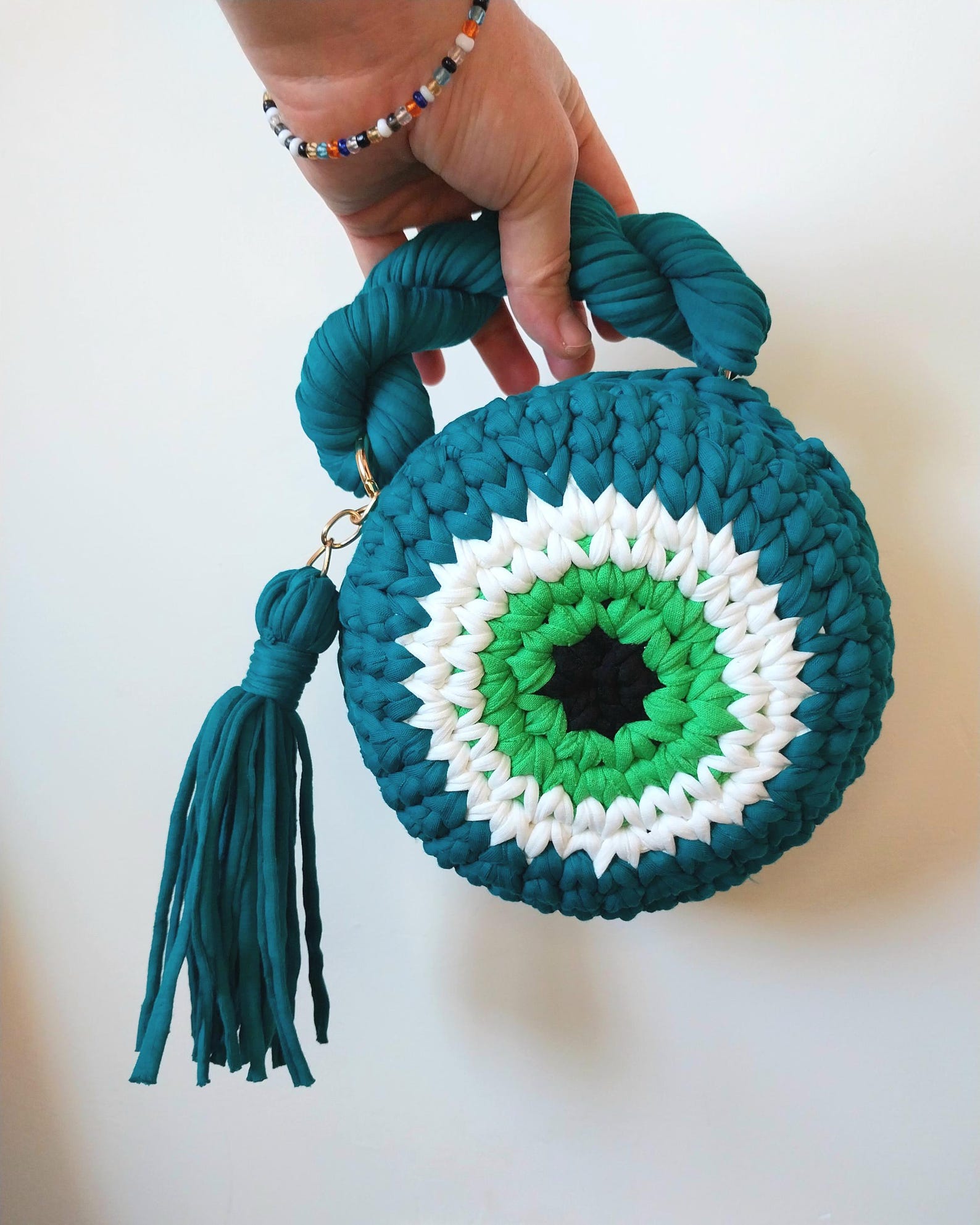 Crochet Evil Eye Macaron Bag, Handmade Comped Yarn Round Eye Bags ...