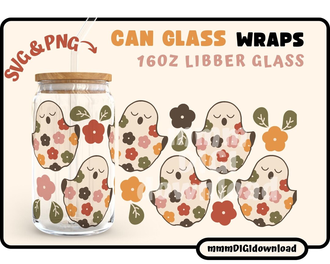 Retro Ghost With Daisy SVG, Halloween Can Glass Wrap, Can Glass Wrap ...