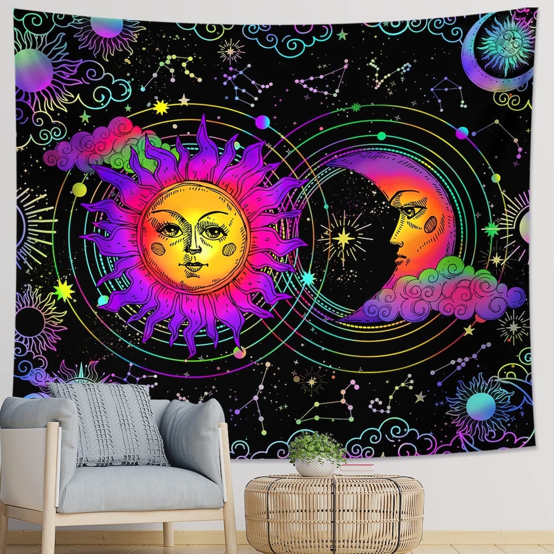 Sun and Moon Tapestry Burning Sun With Stars Tapestries Psychedelic ...