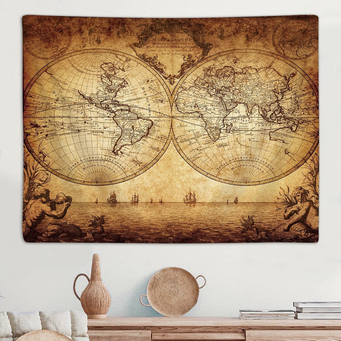 Old World Map Tapestry, Wall Hanging Boho Tapestry, Vintage Map Wall ...