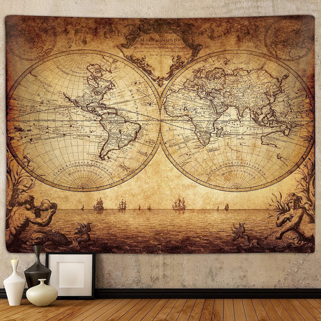 Old World Map Tapestry, Wall Hanging Boho Tapestry, Vintage Map Wall ...