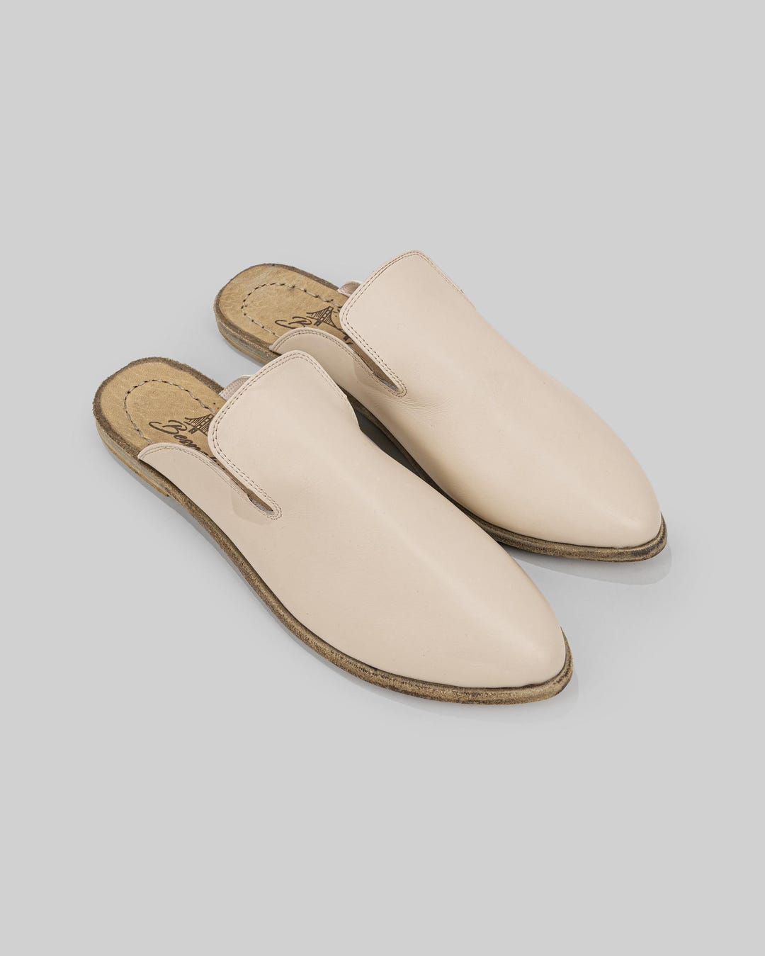 Pointed Toe Mule Elegant Turkish Slippers: Handmade Beige Leather ...