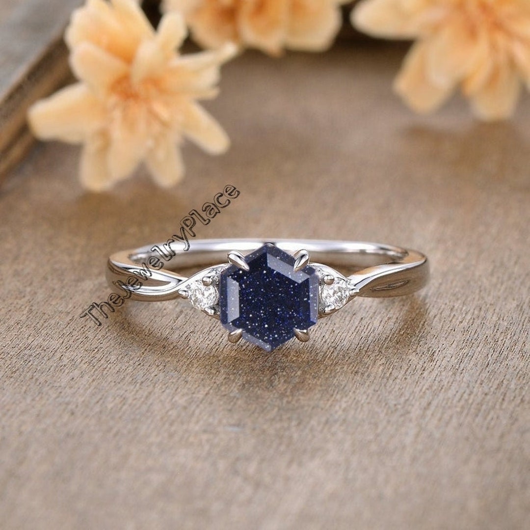 Galaxy Blue Sandstone Ring, Hexagon Cut Ring, Nebula Ring, Solitaire ...