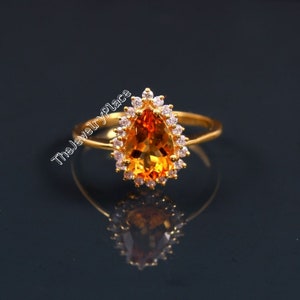 Teardrop Golden Topaz Ring in 24k Gold Plated Engagement Ring Wedding ...