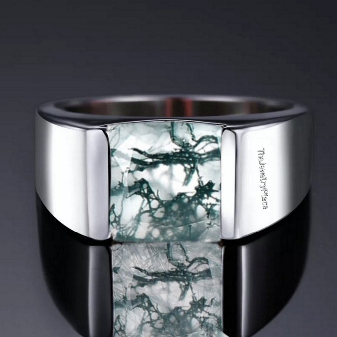 Square Cut Moss Agate Engagement Ring Art Deco Simple Men Ring Unique ...