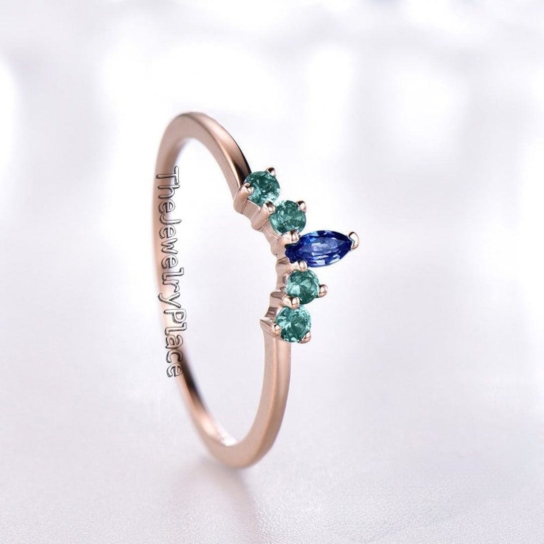 Green Emerald and Blue Sapphire Wedding Band 18k Rose Gold Multi Color ...