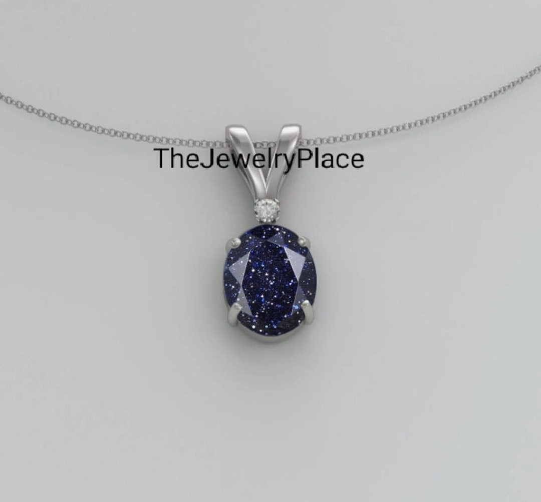 Blue Sandstone Necklace Galaxy Sandstone Pendant Oval Cut Sparkling ...