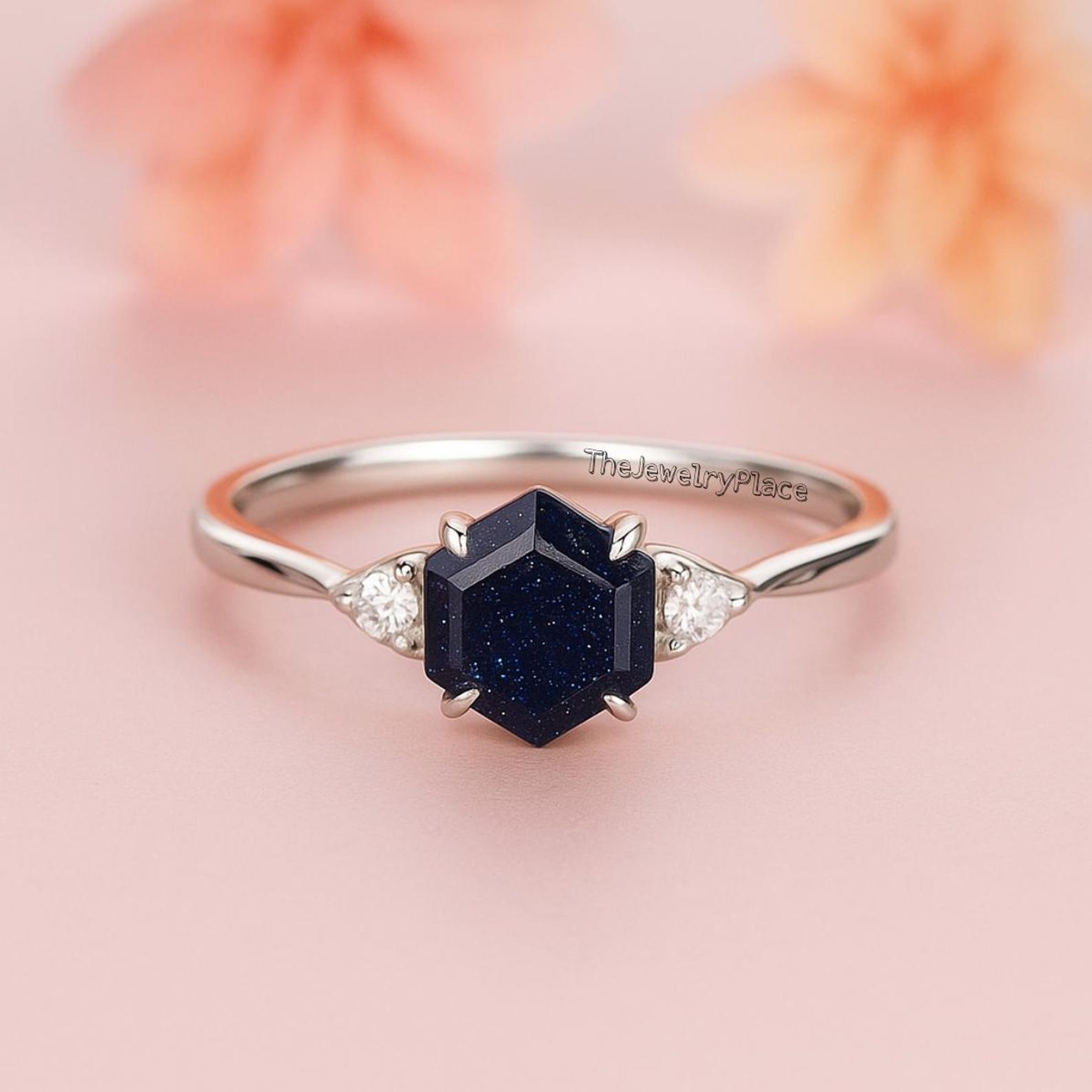 Galaxy Blue Sandstone Ring, Hexagon Cut Ring, Nebula Ring, Solitaire ...