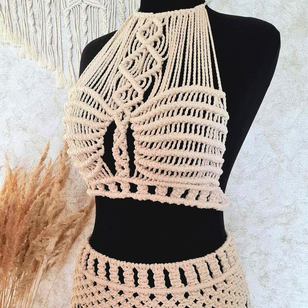 Beach Boho Macrame Top and Skirt Set Handmade Festival Outfit Beachwear ...
