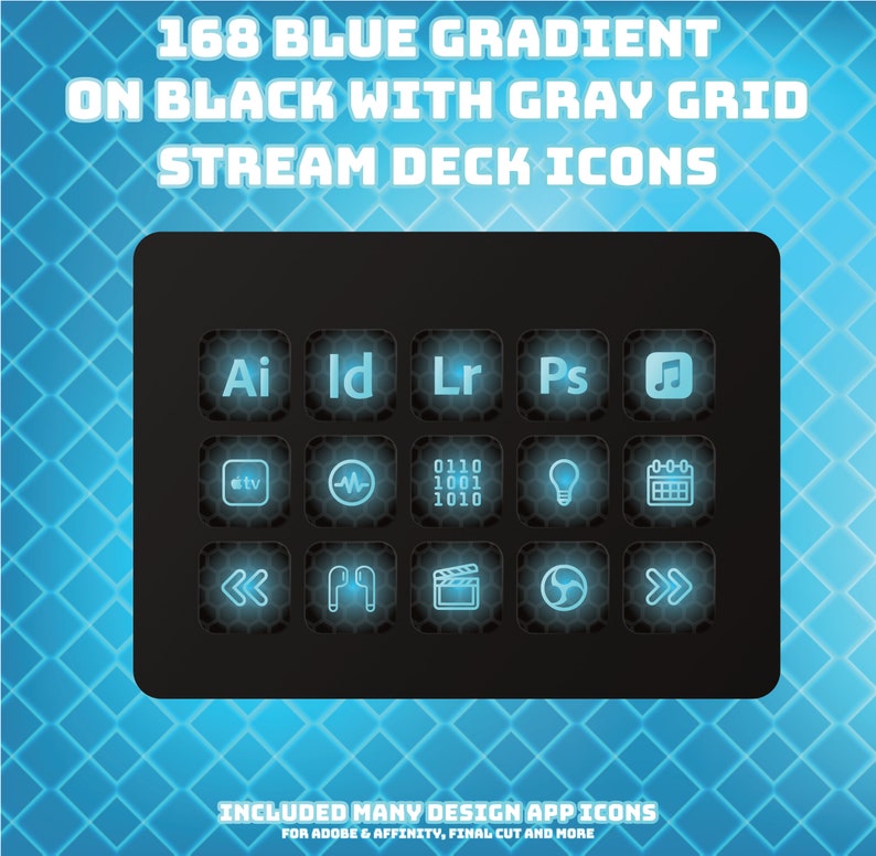 Streamdeck Icons - 168 Blue Gradient Icons on Black Background With ...