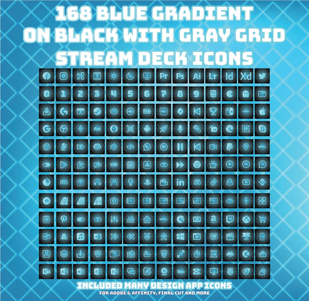 Streamdeck Icons - 168 Blue Gradient Icons on Black Background With ...