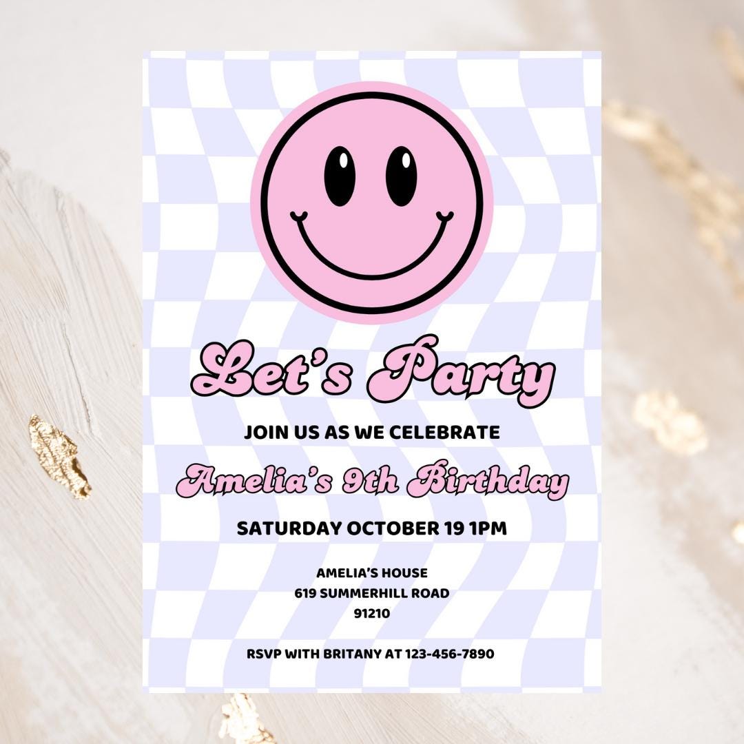 Smiley Face Invite Smiley Face Birthday Invitation Purple Retro ...