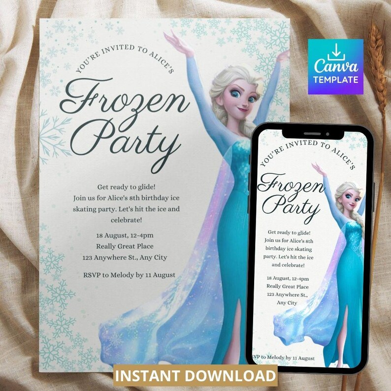 Elsa Frozen Invitation | Editable Cartoon Bday Evite & Canva Design for ...