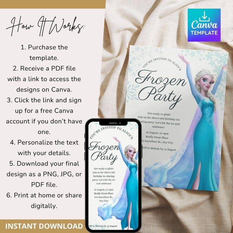 Elsa Frozen Invitation | Editable Cartoon Bday Evite & Canva Design for ...