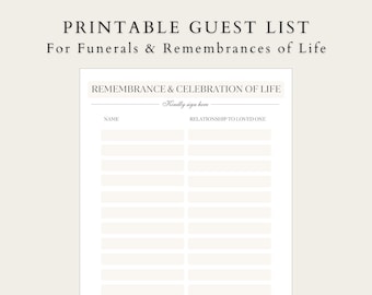Printable Guest List for Funeral | Guest List for Celebration of Life ...
