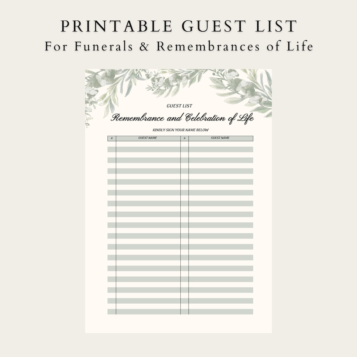 Printable Guest List for Funeral | Guest List for Celebration of Life ...