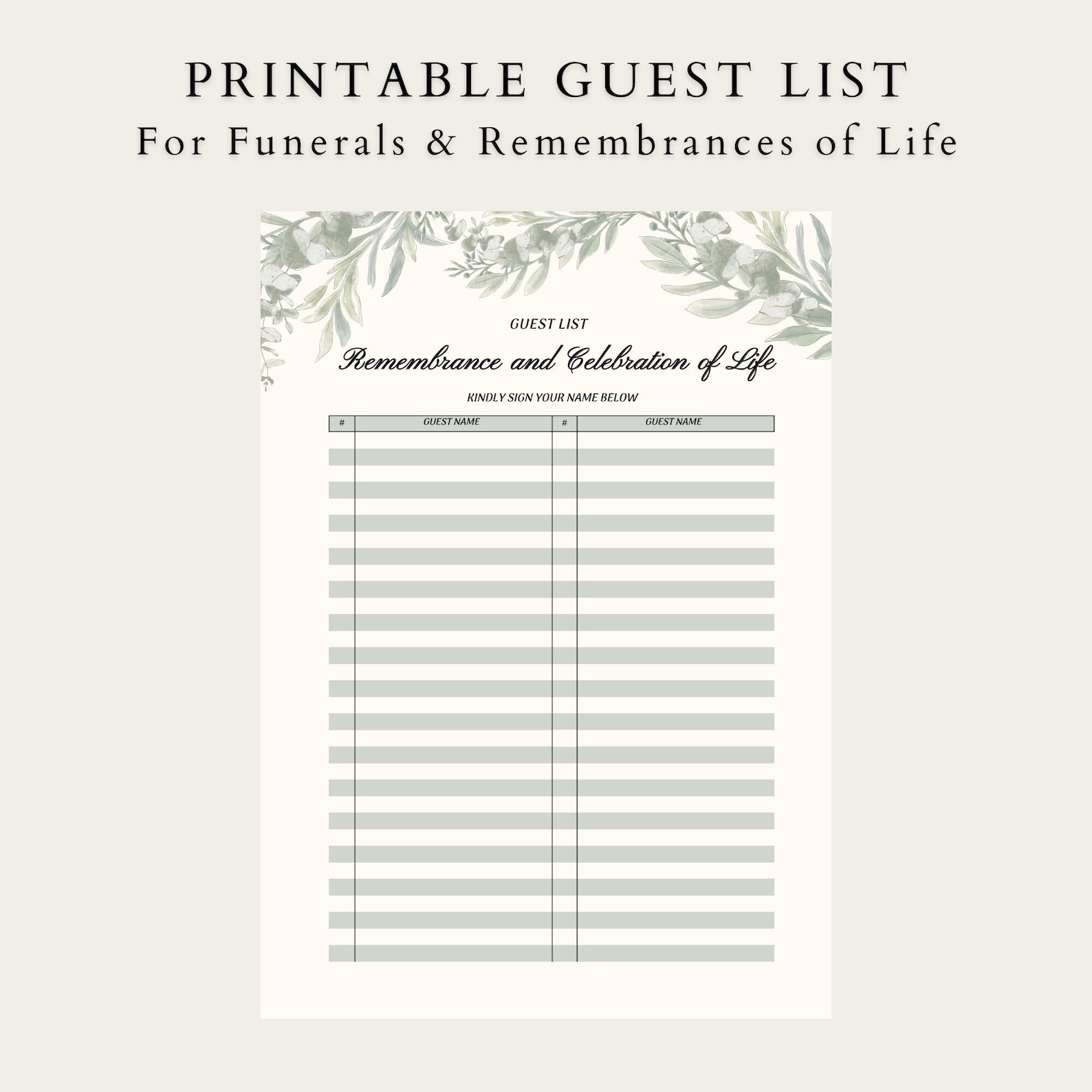 Printable Guest List for Funeral | Guest List for Celebration of Life ...