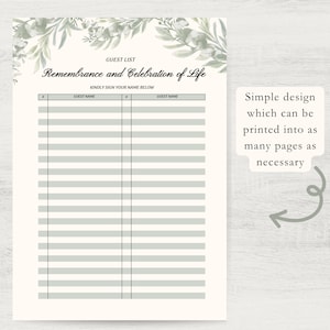 Printable Guest List for Funeral | Guest List for Celebration of Life ...