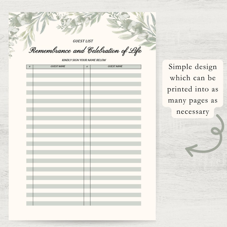 Printable Guest List for Funeral | Guest List for Celebration of Life ...