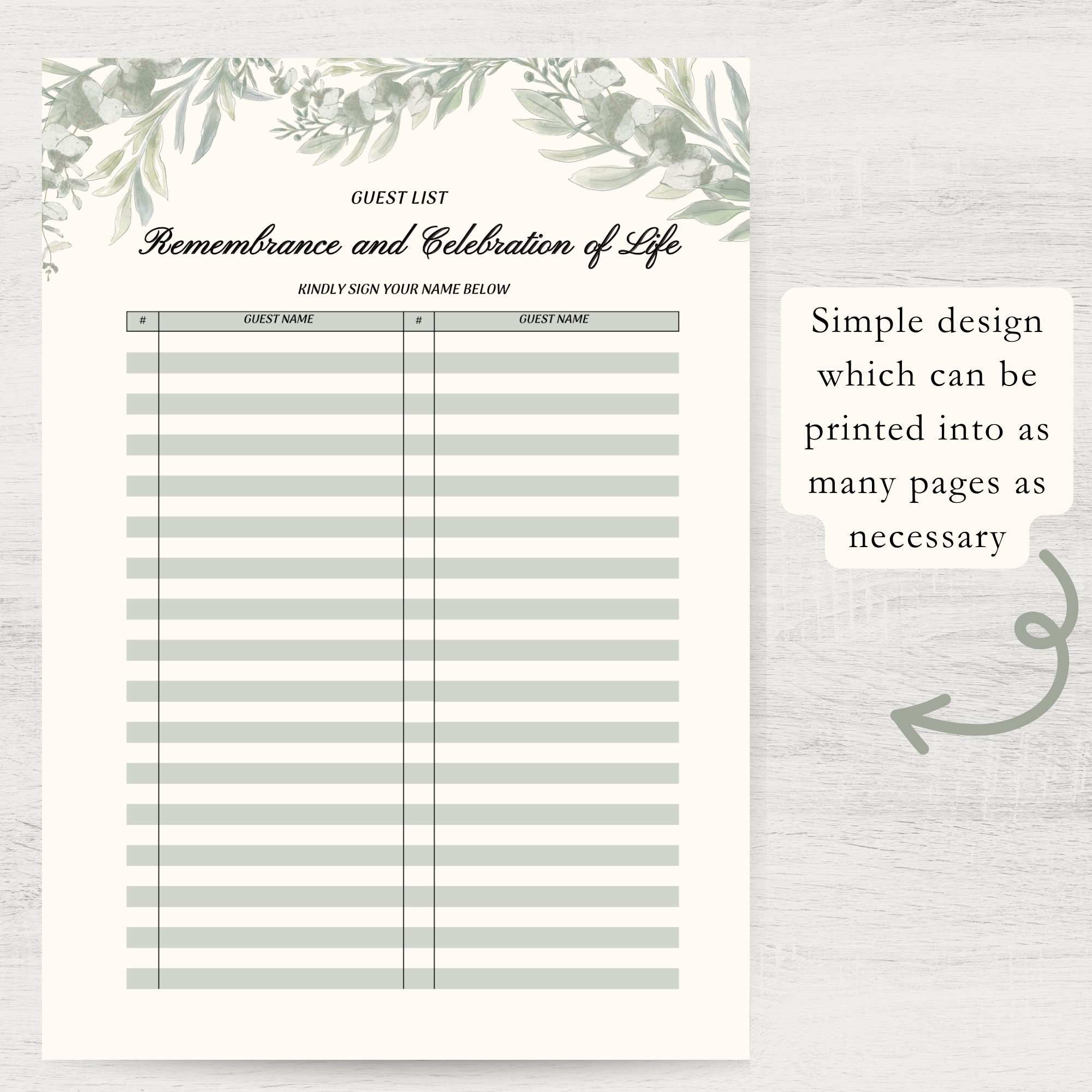 Printable Guest List for Funeral | Guest List for Celebration of Life ...