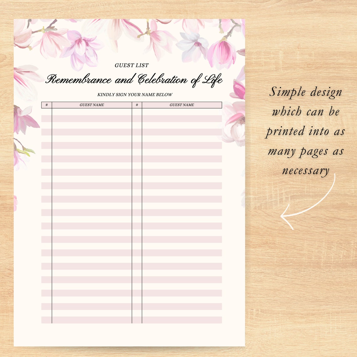 Printable Guest List for Funeral | Guest List for Celebration of Life ...