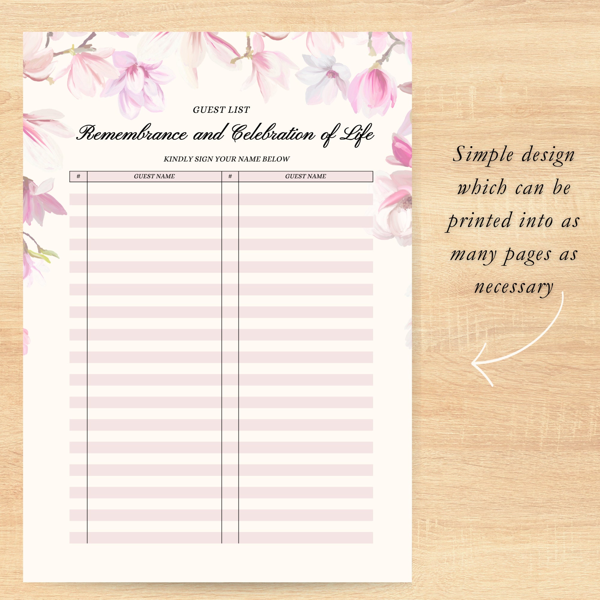 Printable Guest List for Funeral | Guest List for Celebration of Life ...