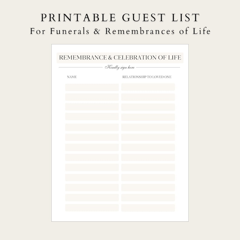 Printable Guest List for Funeral | Guest List for Celebration of Life ...