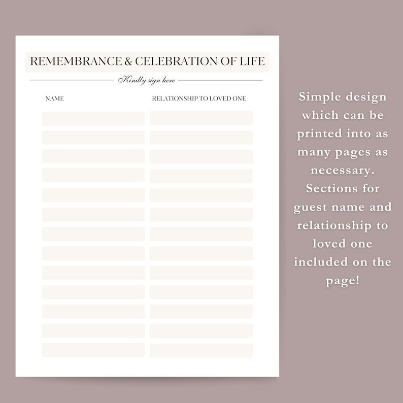 Printable Guest List for Funeral | Guest List for Celebration of Life ...