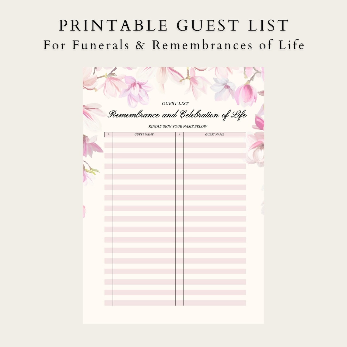 Printable Guest List for Funeral | Guest List for Celebration of Life ...