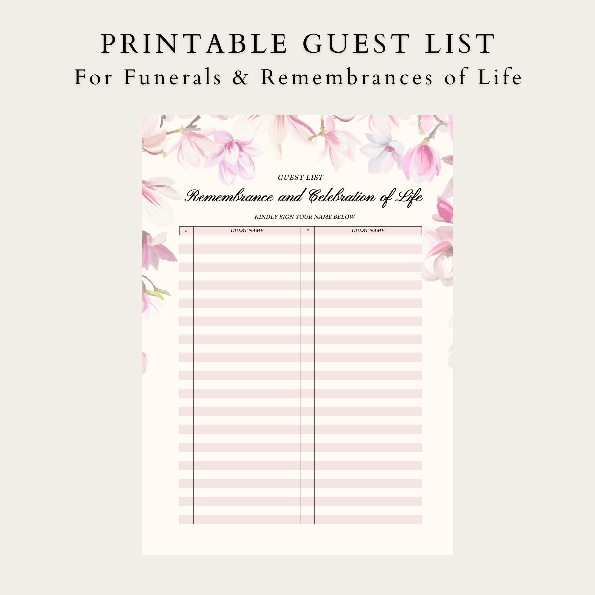 Printable Guest List for Funeral | Guest List for Celebration of Life ...