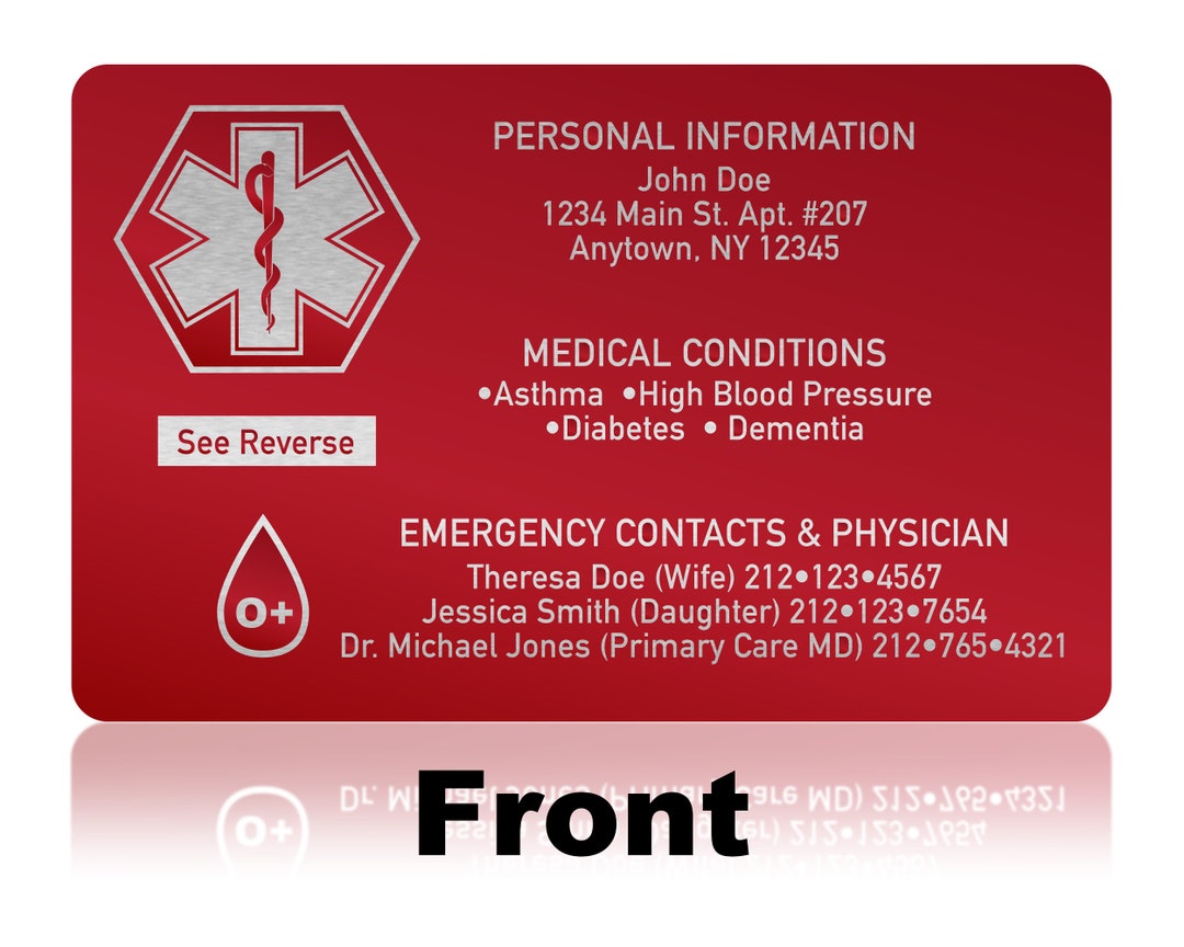 Emergency Medical Contact Card - Aluminum Credit Card Size - 6 Colors ...