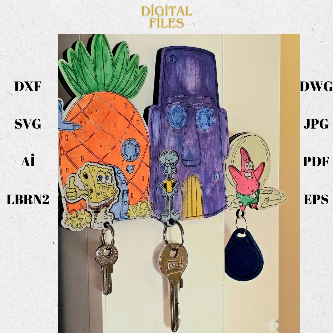 Spongebob Squarepants Themed Wooden Key Holder Laser Cut Digital File ...