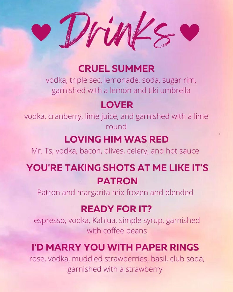 LOVER Theme Bar Menu| Custom Cocktail Menu | Taylor Swift Bachelorette ...
