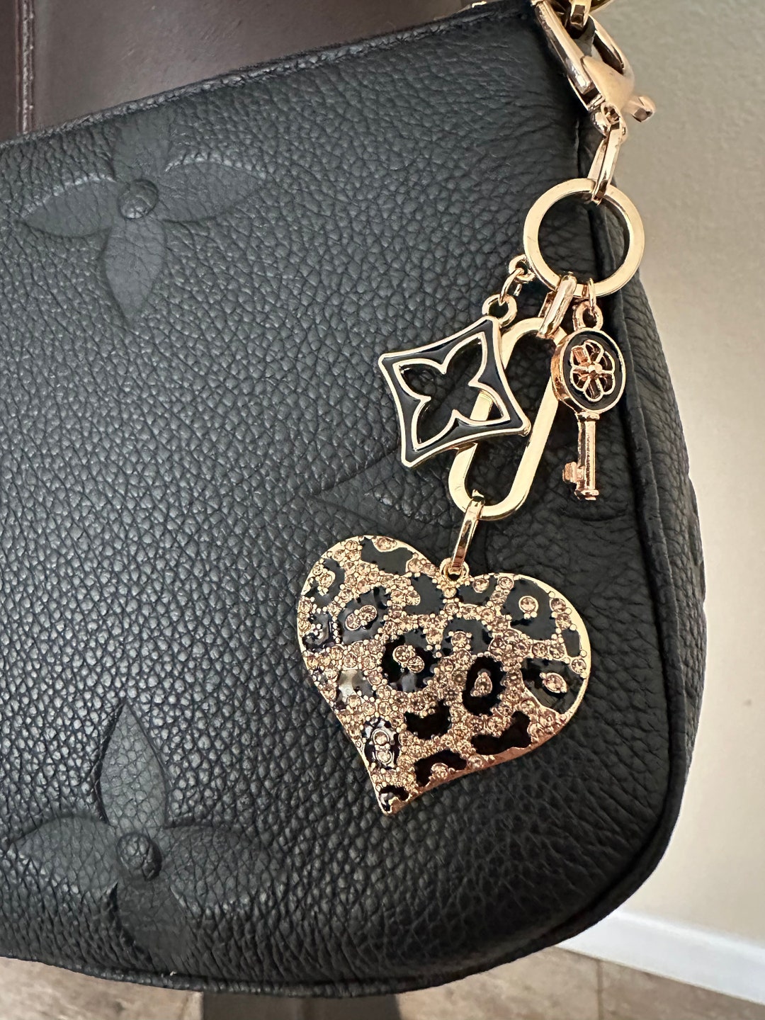 Bag Charm/ Leopard Print Heart With Key and Four Leaf Clover - Etsy