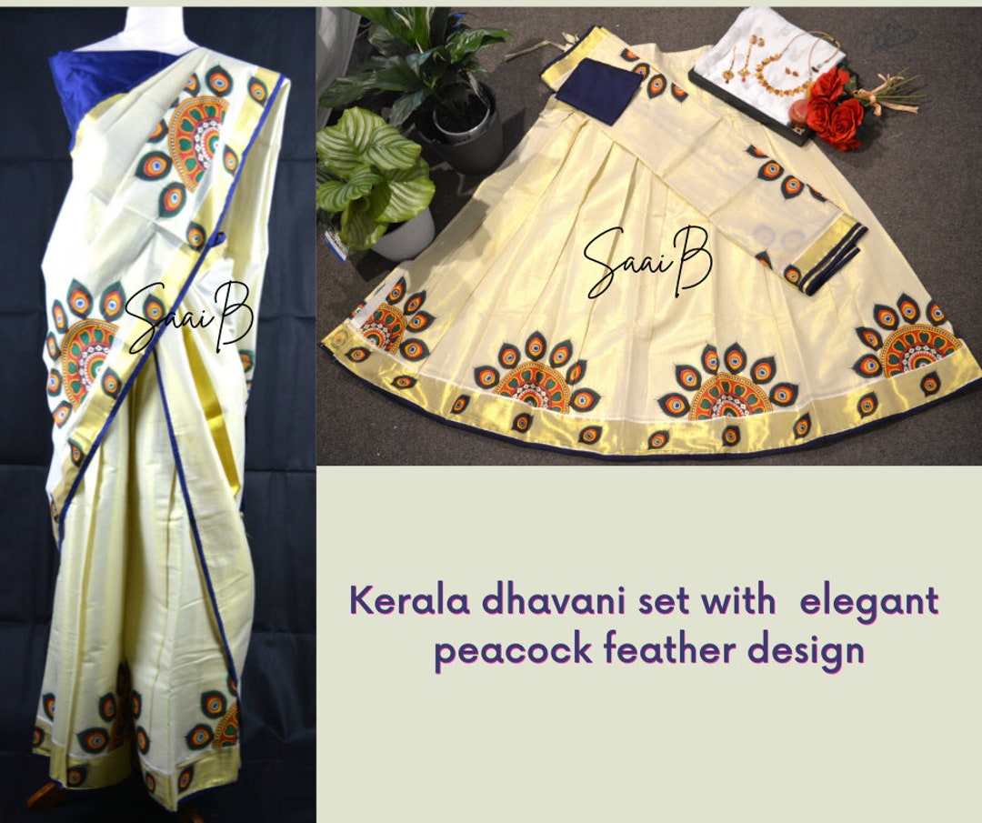 Kerala Dhavani Set With Peacock Feather Patternsprinted Tissue Dhavani ...