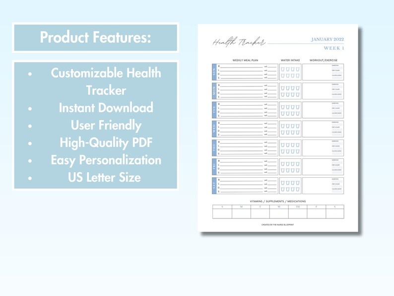 Printable Health Tracker | Weekly Meal, Water, Exercise & Medication ...