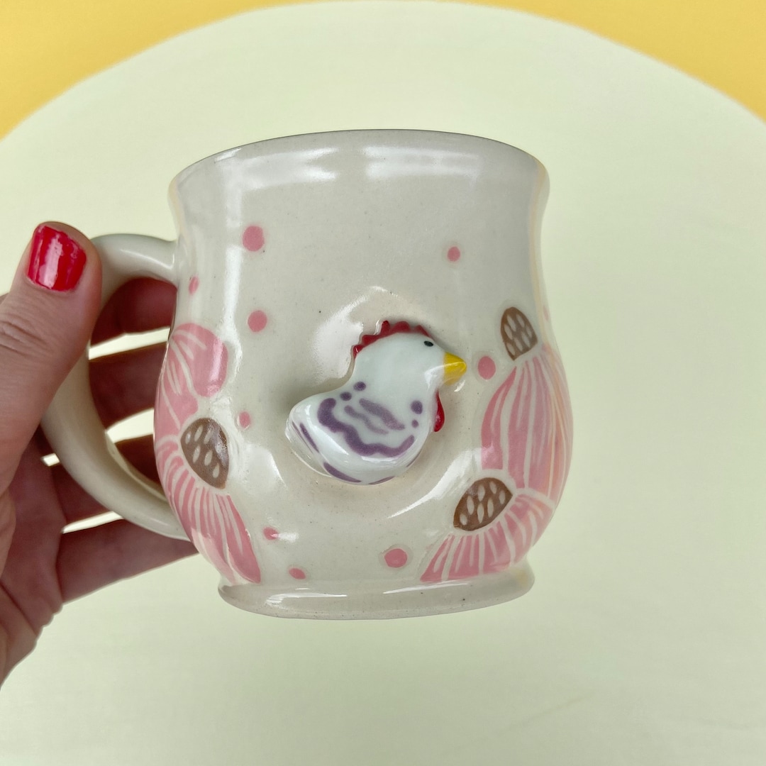 Pink Wildflower Chicken Mug 12 Oz Adorable Sculpture Mug With White Ans ...