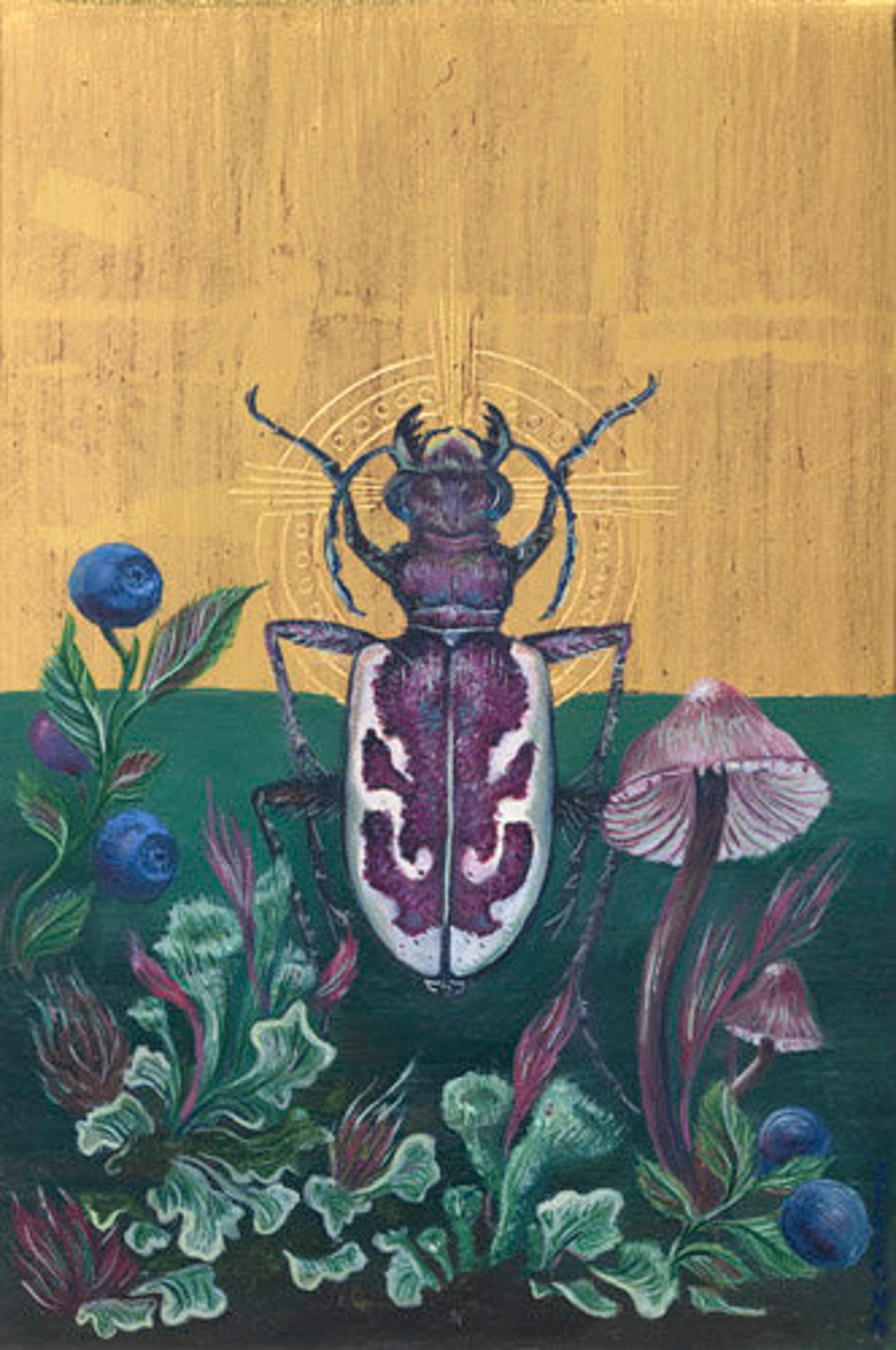 Holy Purple Beetle, Oil Painting, Hand-painted, Wood, Gold, Blueberry ...